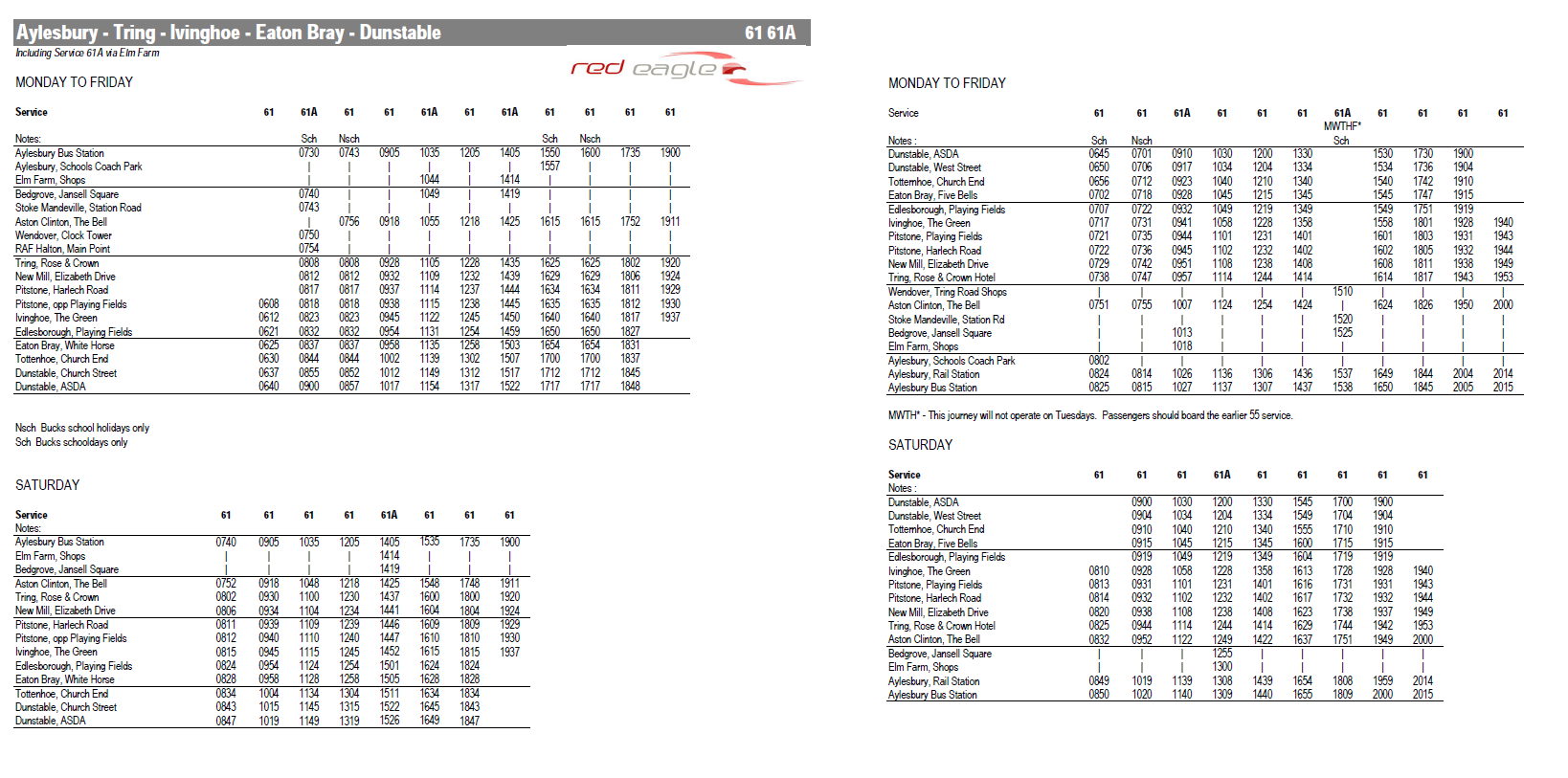 Service Timetables | Red Eagle Buses